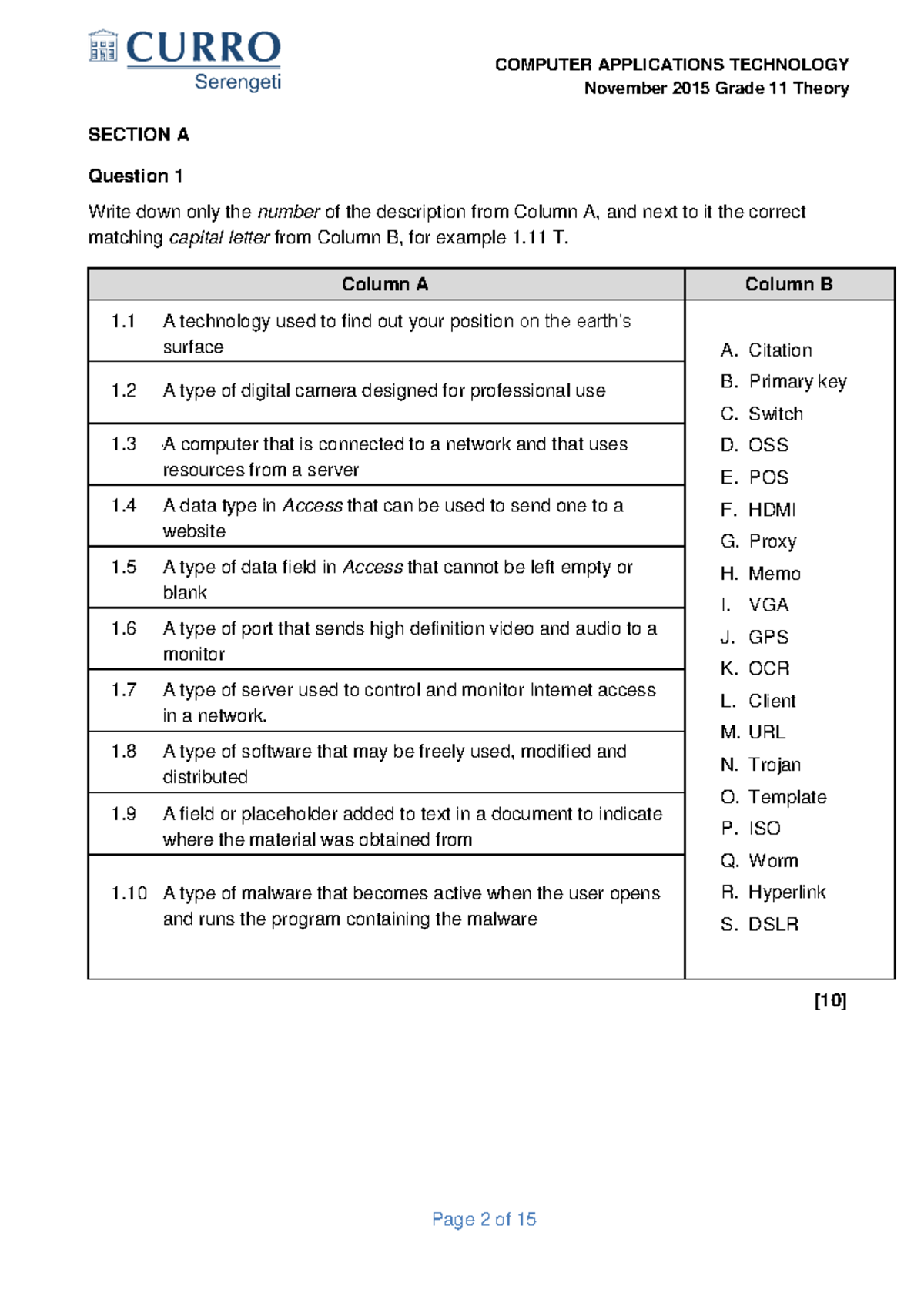 Cat gr11 theory nov2015 exam - November 2015 Grade 11 Theory SECTION A Question 1 Write down ...