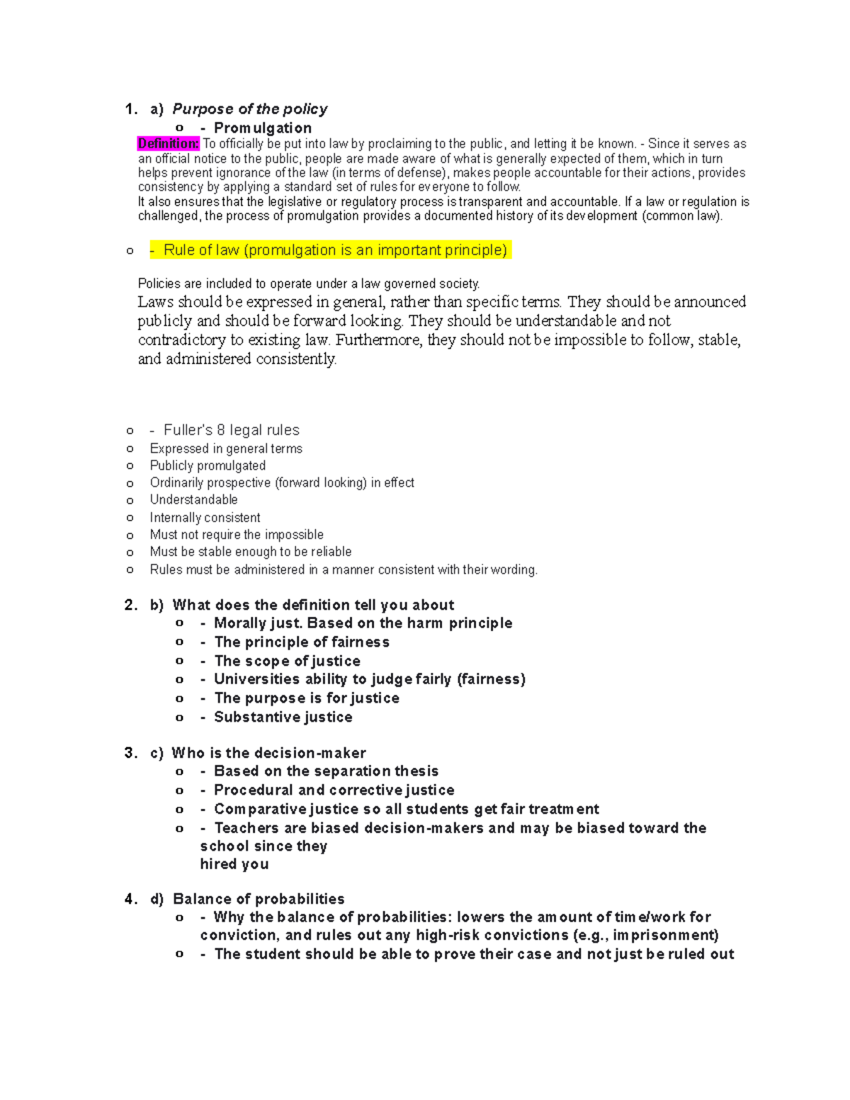 Law 573 Notes (In-Class Essay Study) - 1. a) Purpose of the policy o ...