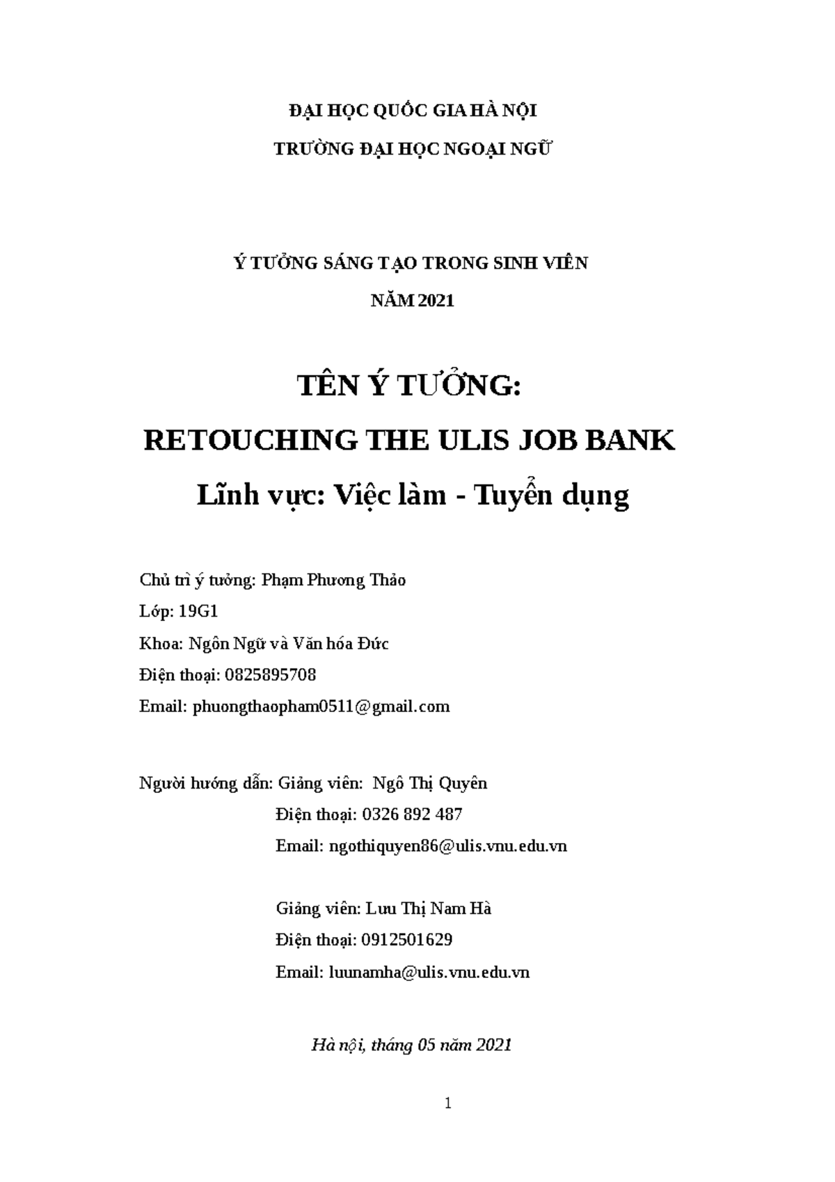 Retouching-ULIS-JOB-BANK BC-ý-tưởng Lớp Tdstkn 05 - Đ I H C QU C GIA HÀ N IẠ Ọ Ố Ộ TR NG Đ I H C ...