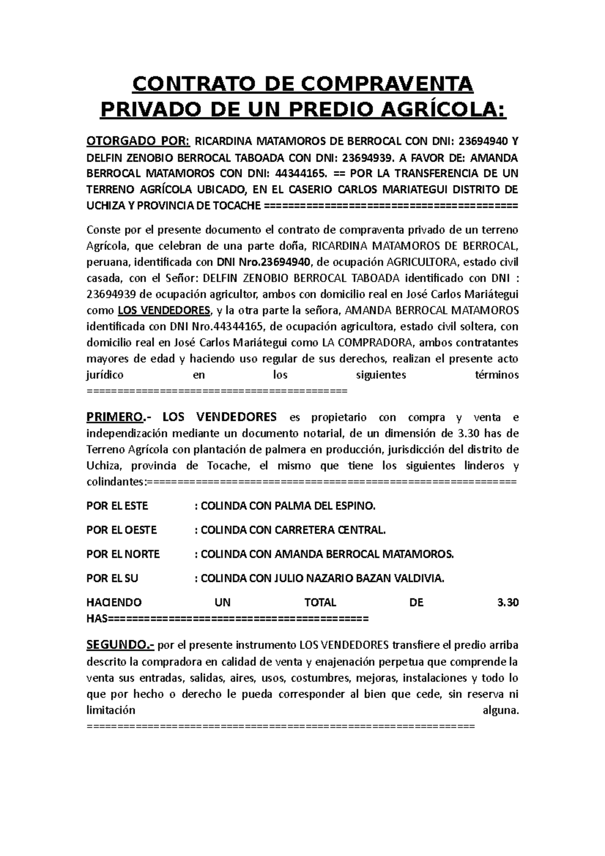 Contrato DE Compraventa Privado DE UN Predio Agrícola - CONTRATO DE ...