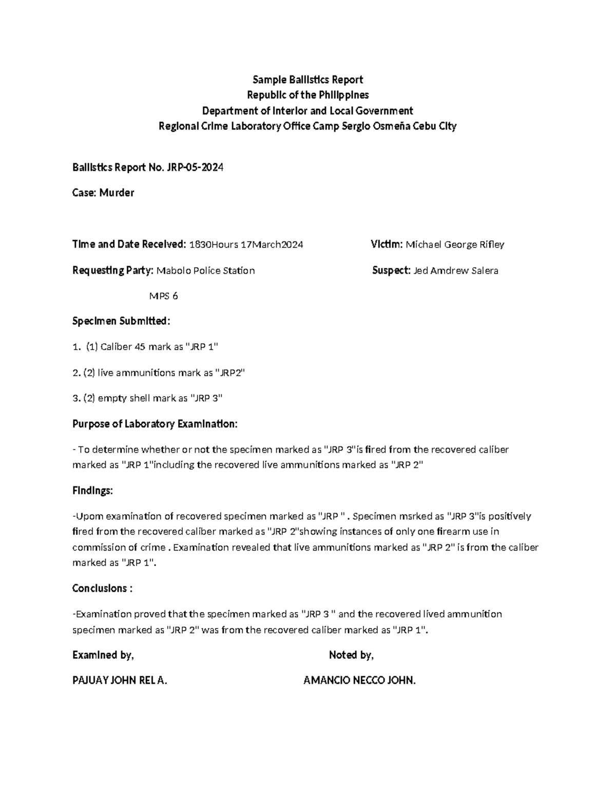 Pajuay - sadsadsadsad - Sample Ballistics Report Republic of the ...
