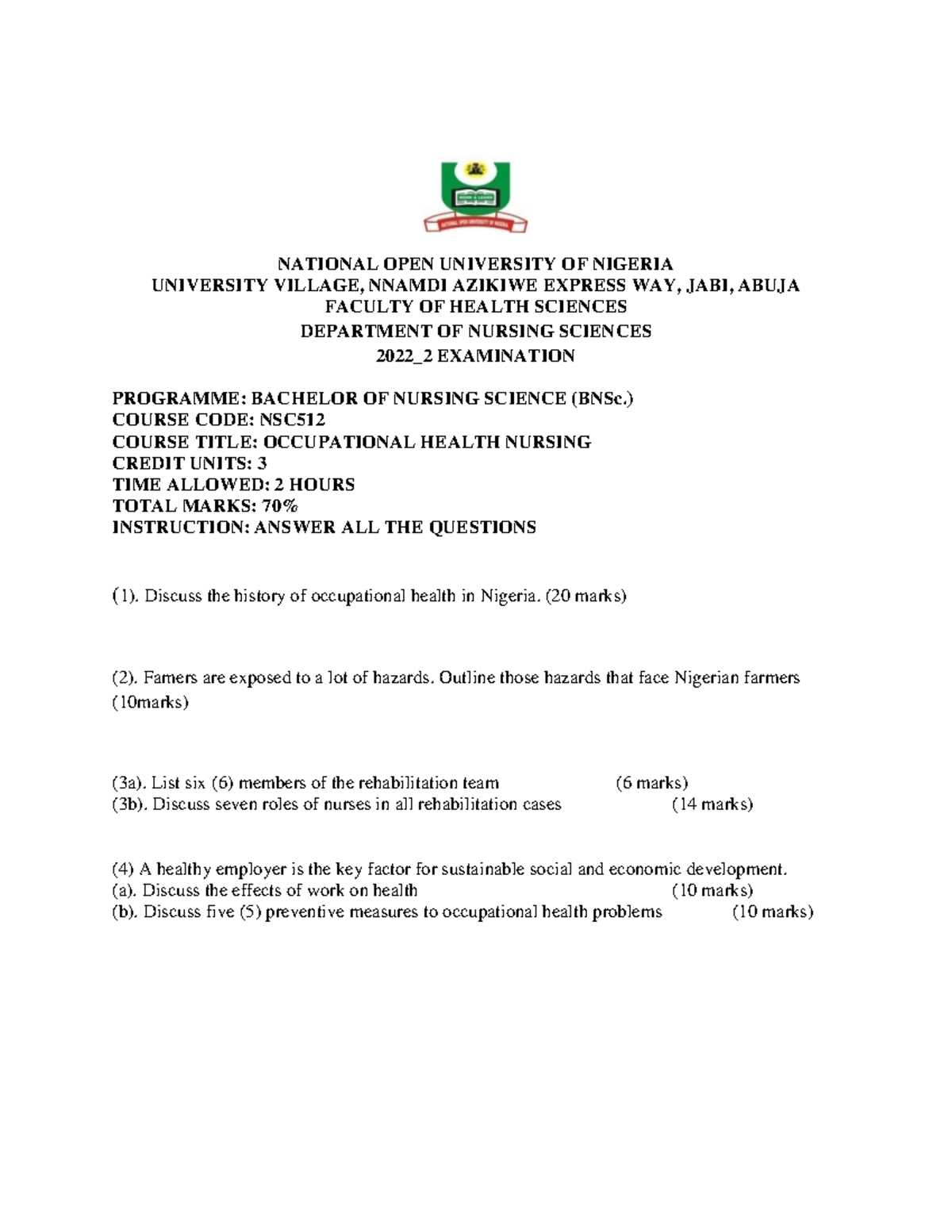 NSC512-2022-2 - I need exam practice questions on phc - NATIONAL OPEN ...