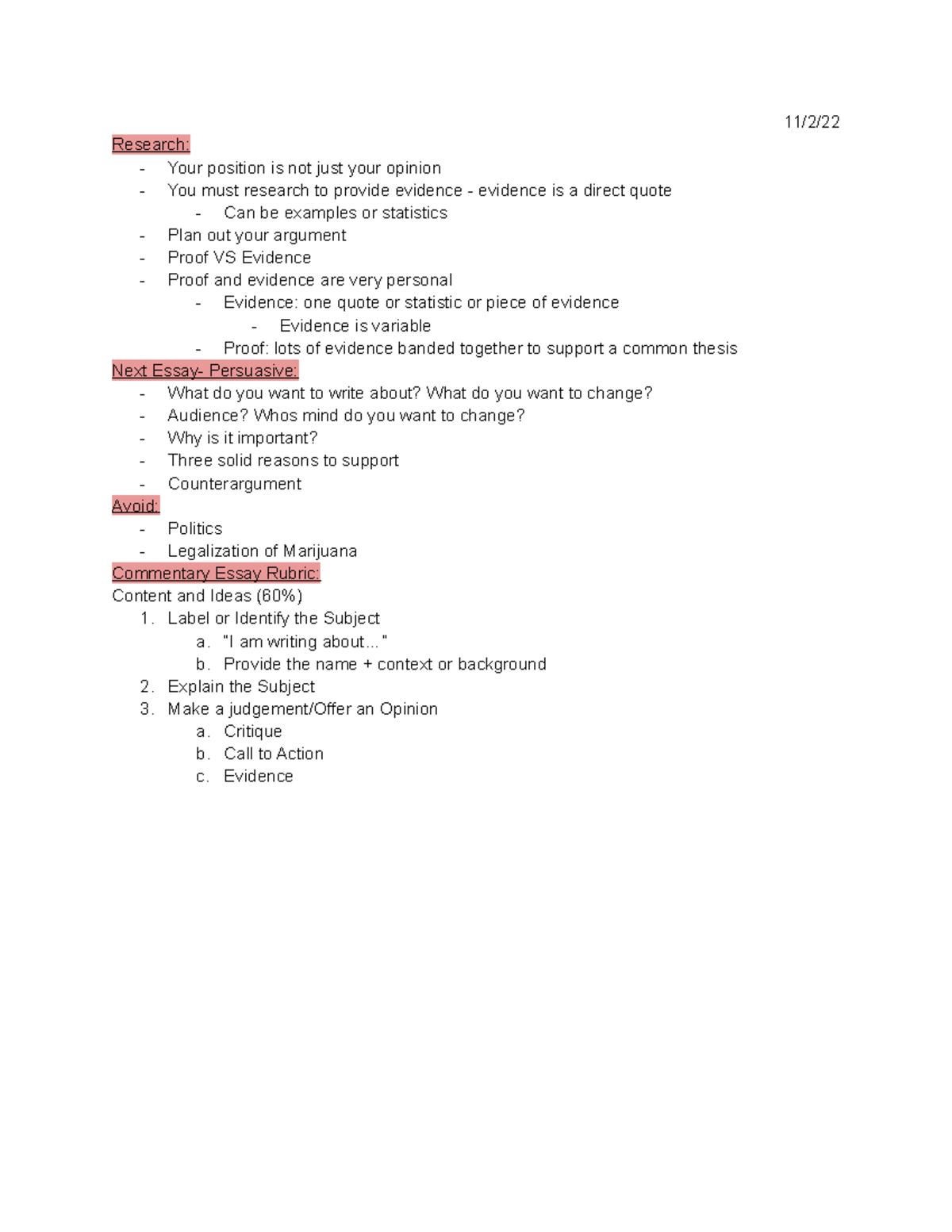 ENG- Evidence + Proof AND Persuasive Essay Notes - 11/2/ Research ...
