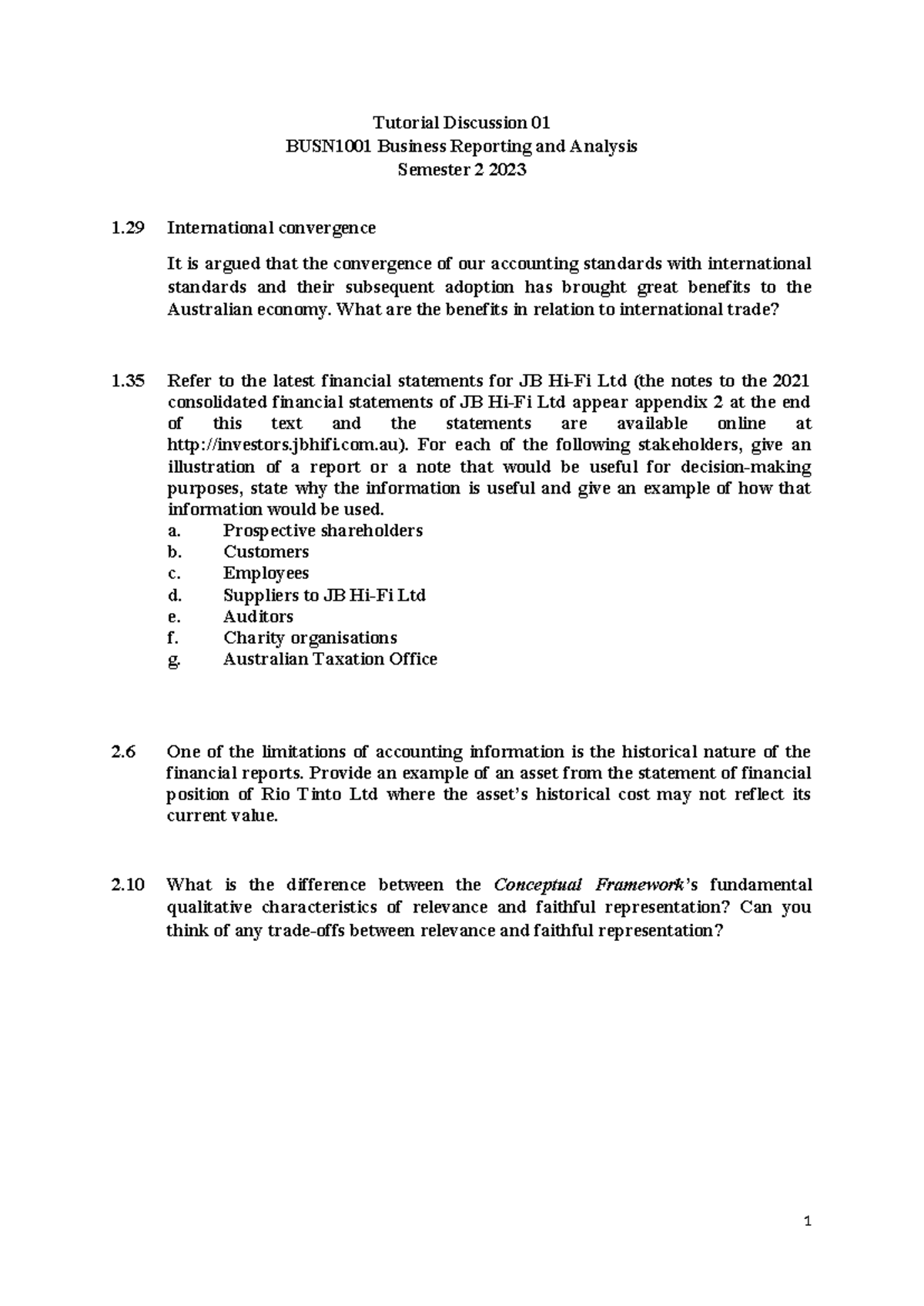 Tutorial Discussion 01 question - Tutorial Discussion 01 BUSN1001 ...
