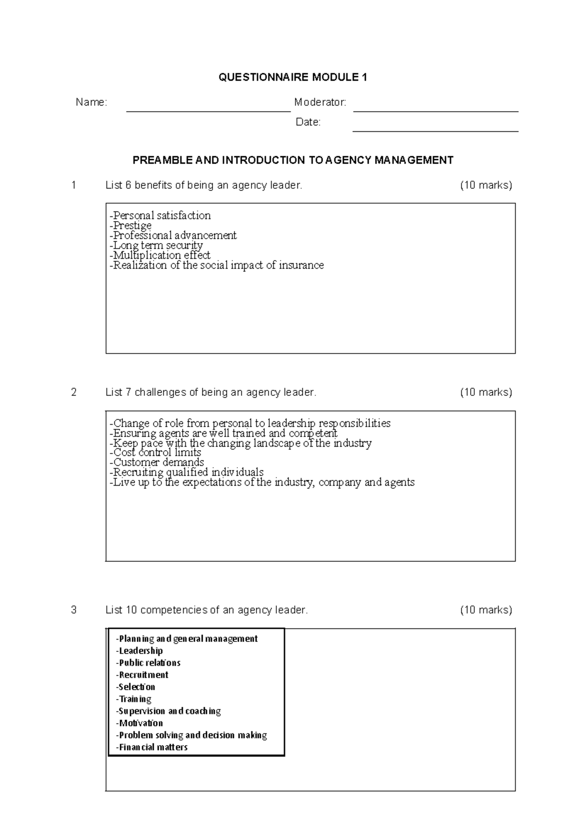 Human Resource Management Theory Chap - QUESTIONNAIRE MODULE 1 Name ...