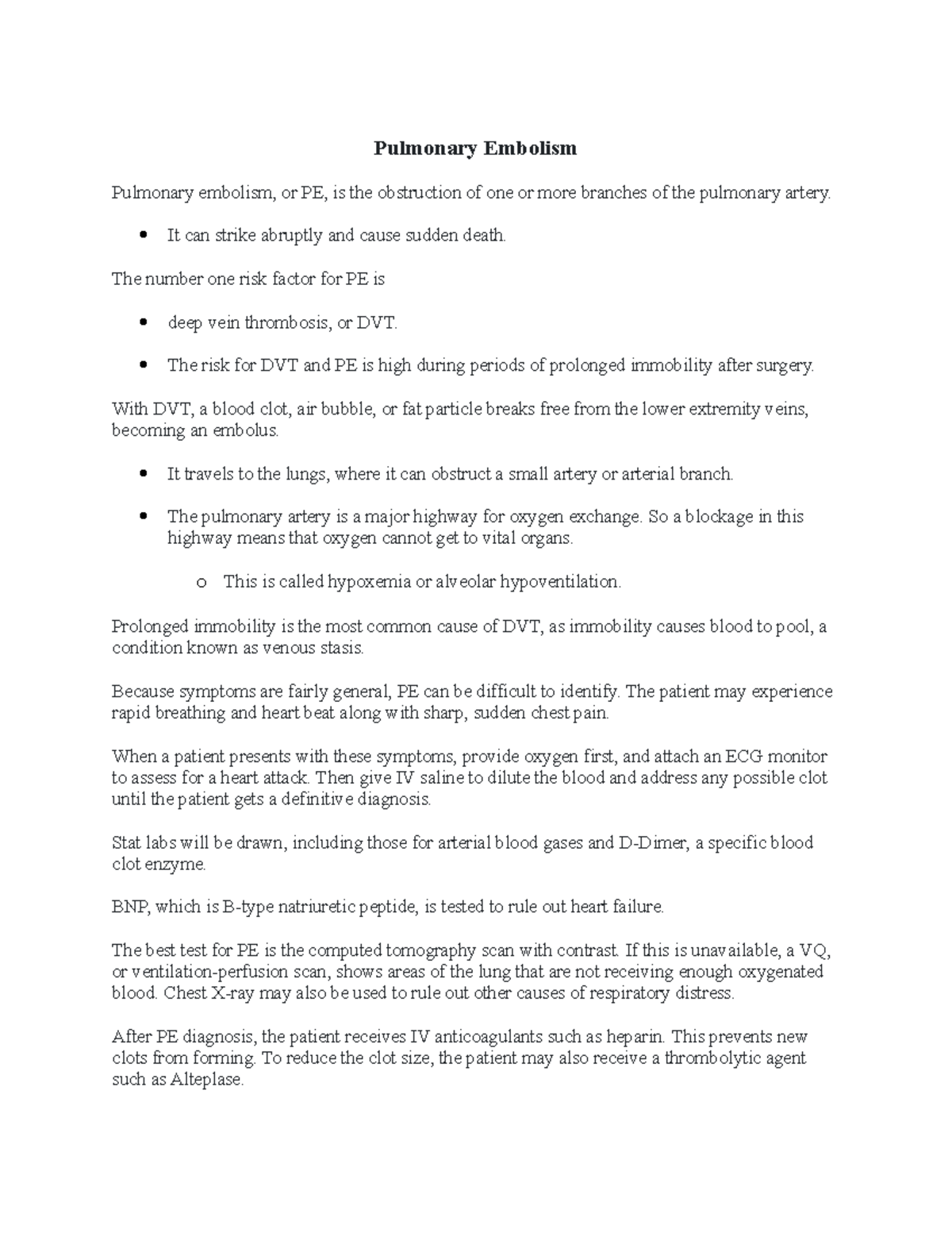 Pulmonary Embolism Notes - Pulmonary Embolism Pulmonary embolism, or PE ...
