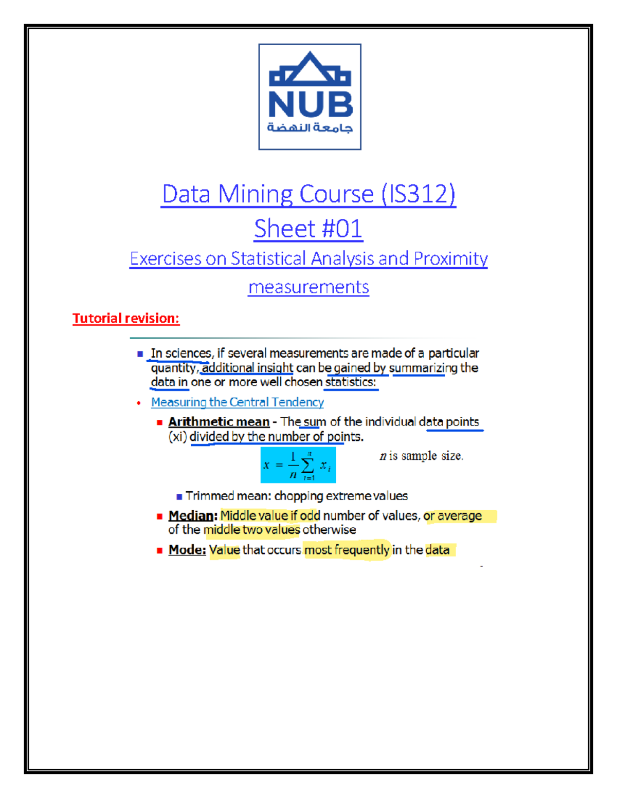 Sheet #01 - Data Mining Course (IS312) Sheet Exercises on Statistical ... Sheet #01 - Data Mining Course (IS312) Sheet Exercises on Statistical ...