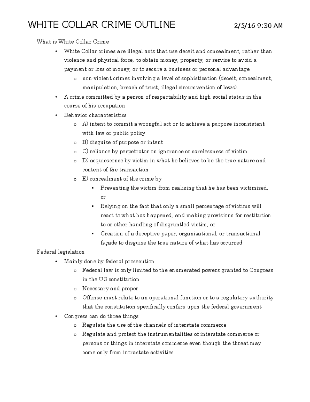 White Collar Crime Outline PJ - WHITE COLLAR CRIME OUTLINE 2/5/16 9:30 ...