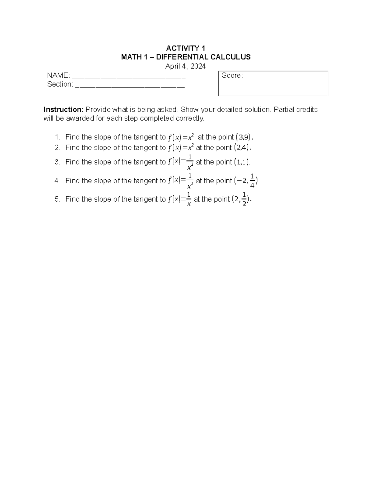 Activity 1 - Calculus - ACTIVITY 1 MATH 1 – DIFFERENTIAL CALCULUS April ...