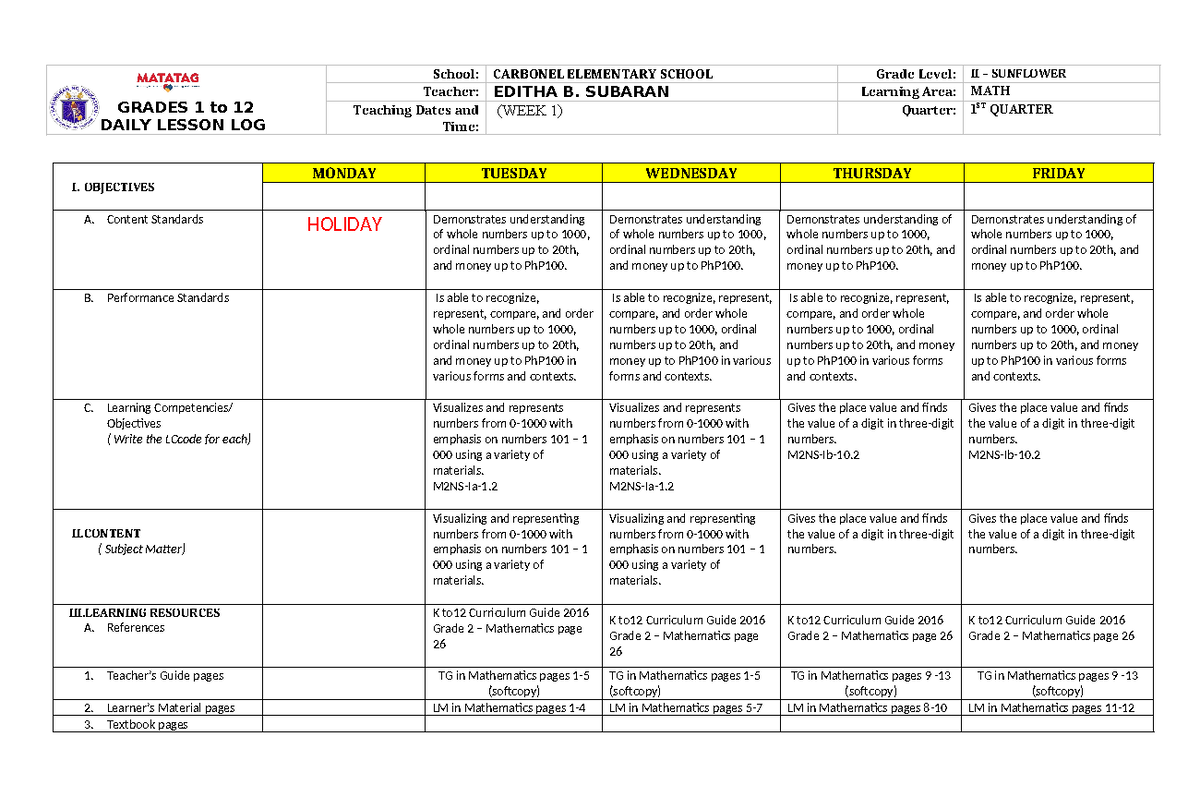 Mathematics 2 Quarter 1 Week 1 - GRADES 1 to 12 DAILY LESSON LOG School ...
