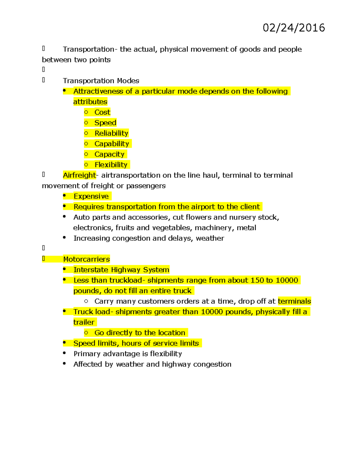 Chapter 12 - Summary Logistics Management - Transportation- the actual ...