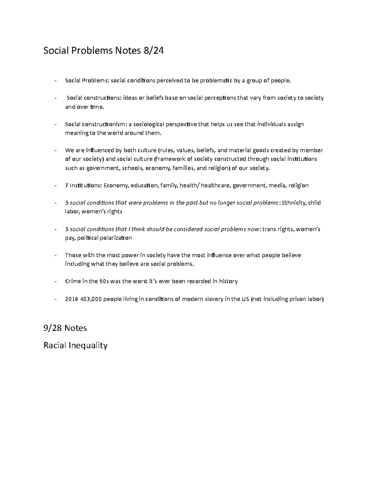 Social Problems Notes 1 - and over time constructions: ideas or beliefs ...