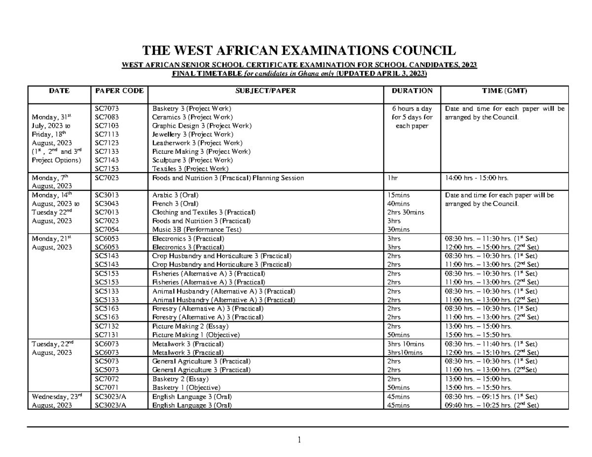 Final SC 2023 ( Ghana ONLY) Updated April 3 2023 - THE WEST AFRICAN EXAMINATIONS COUNCIL WEST ...