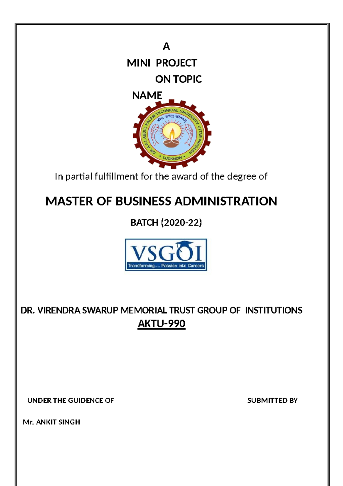 516689098 Mba 1st Year Project - ####### A MINI PROJECT ON TOPIC NAME ...