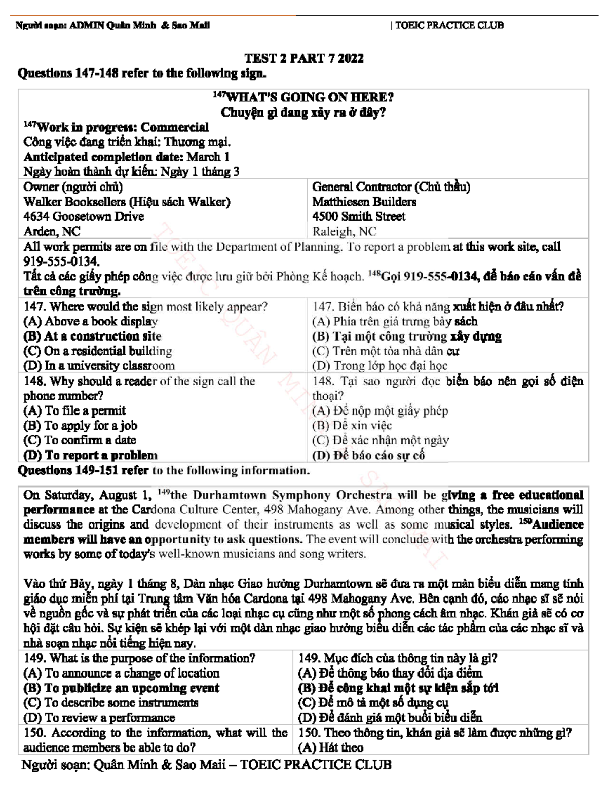 Song ngữ và hướng dẫn Part 7 đề 2 ETS 2022 - NNA Tiếng Anh Thương Mại - Studocu