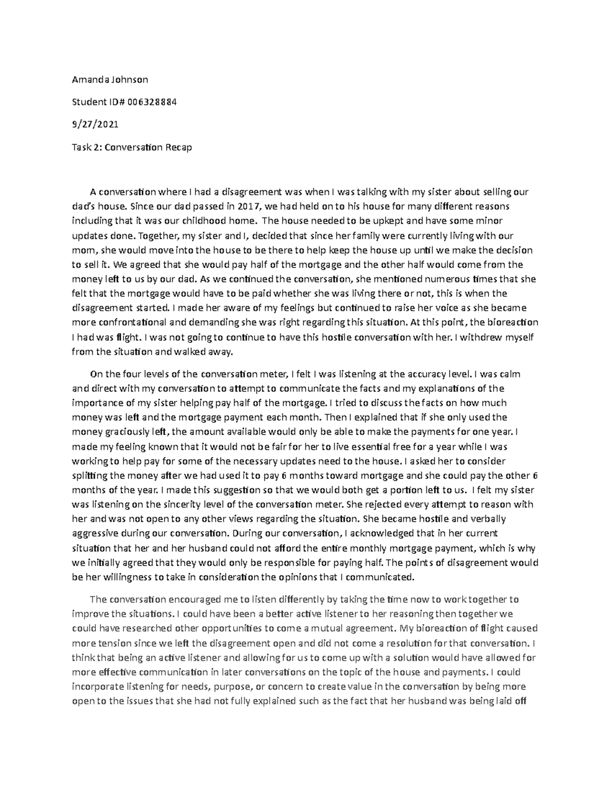 TASK 2 Conversation Recap - Amanda Johnson Student ID# 006328884 9/27 ...
