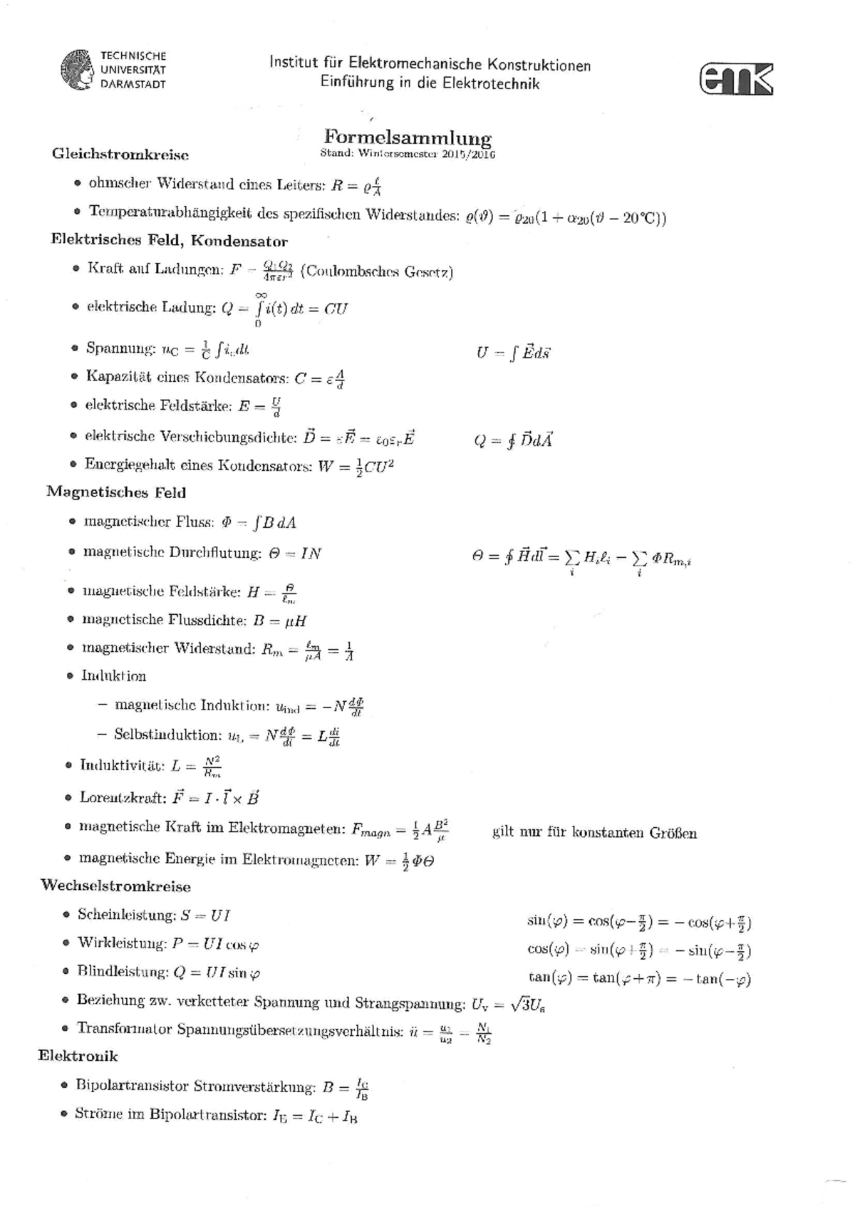 Elektro Formelsammlung - Einführung in die Elektrotechnik - Studocu