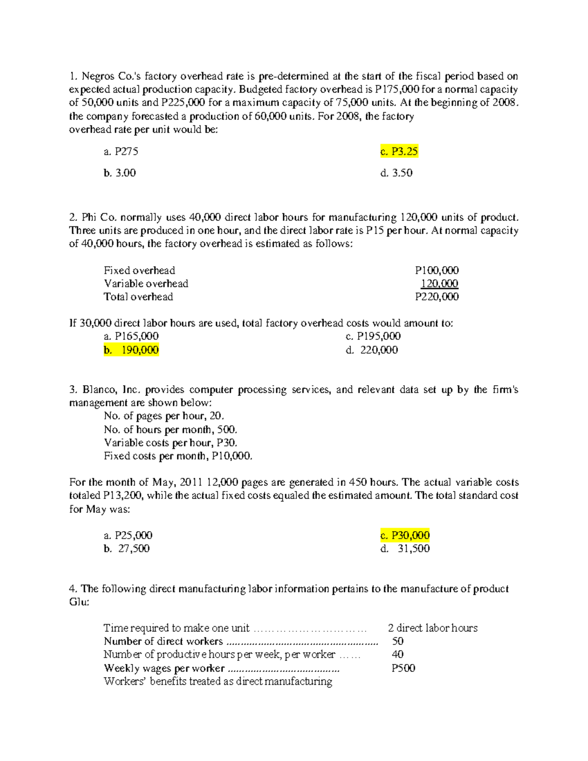 Reviewer standard costing part 3 - Negros Co.'s factory overhead rate ...