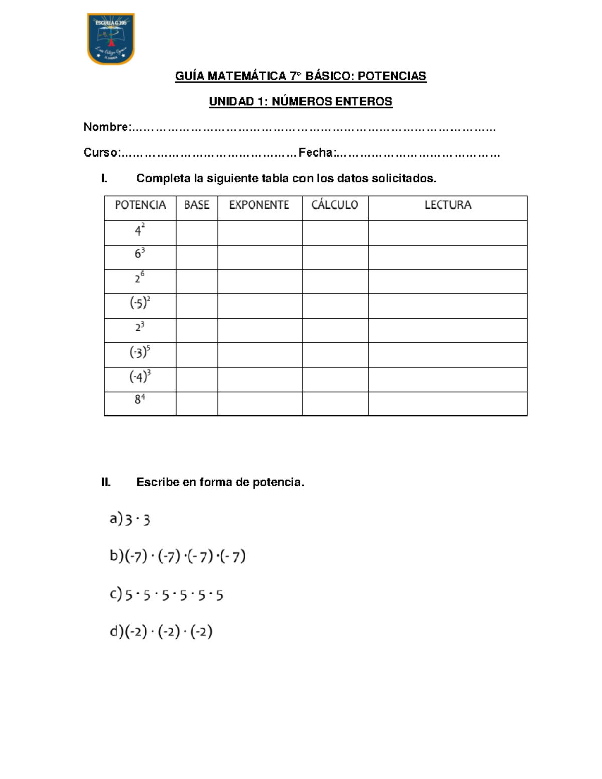 7 Matematica 10 Potencias 1 - GUÍA MATEMÁTICA 7° BÁSICO: POTENCIAS ...