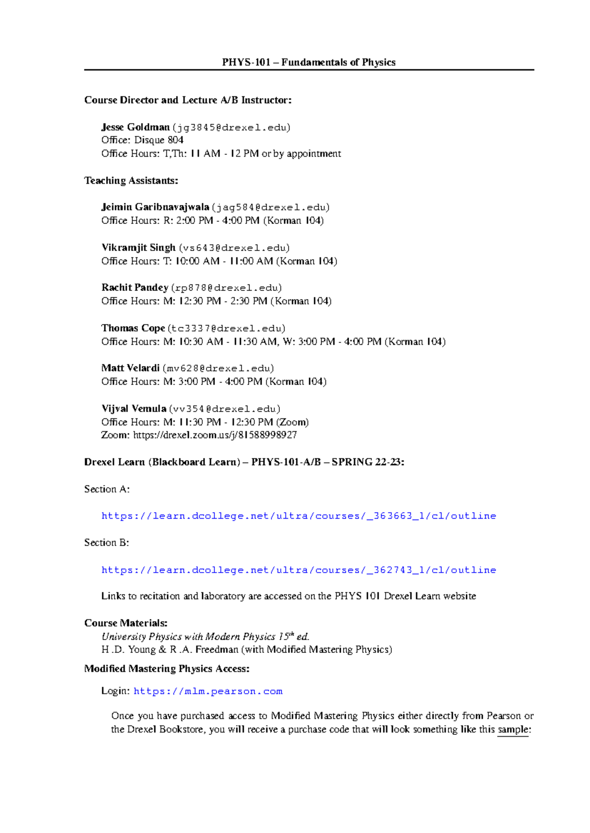 Phys 101 syllabus - Course Director and Lecture A/B Instructor: Jesse Goldman (jg3845@drexel ...