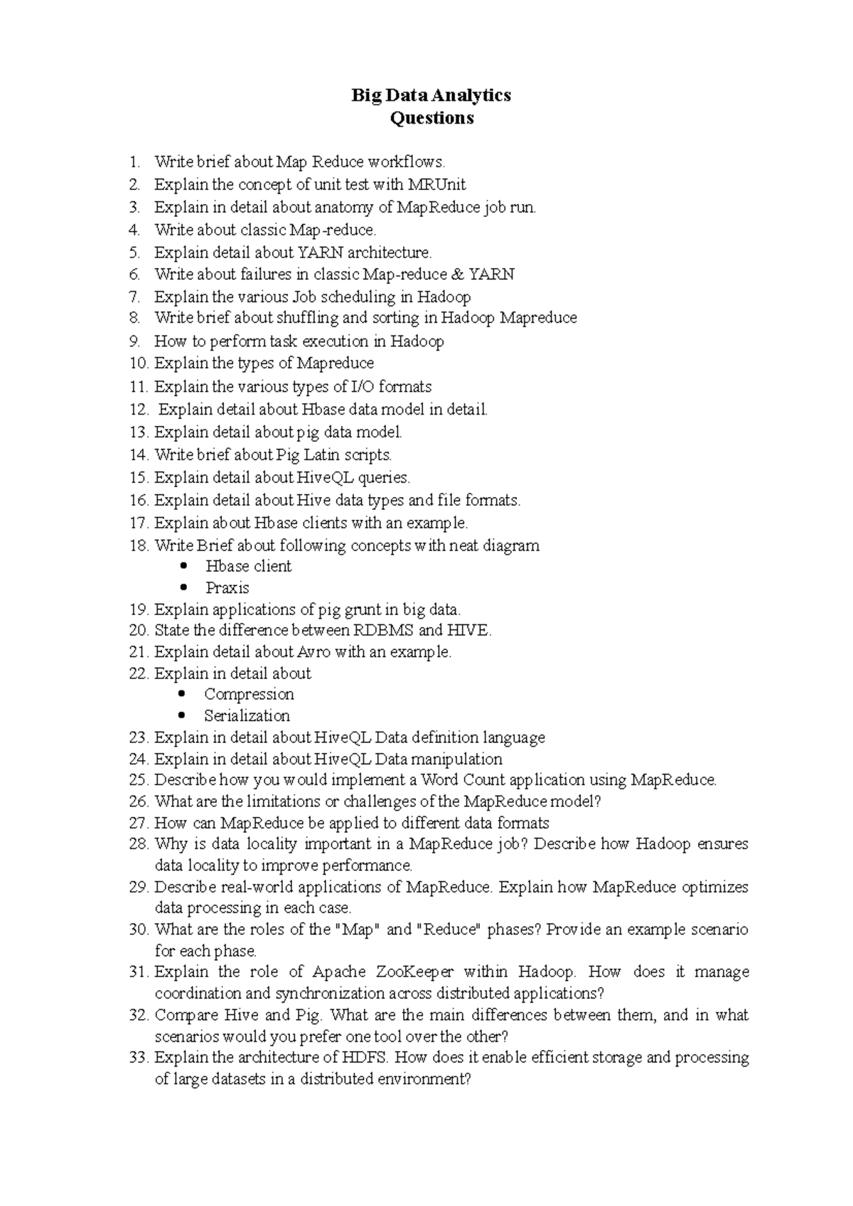 Ccs334 notes - Big Data Analytics Questions 1. Write brief about Map ...