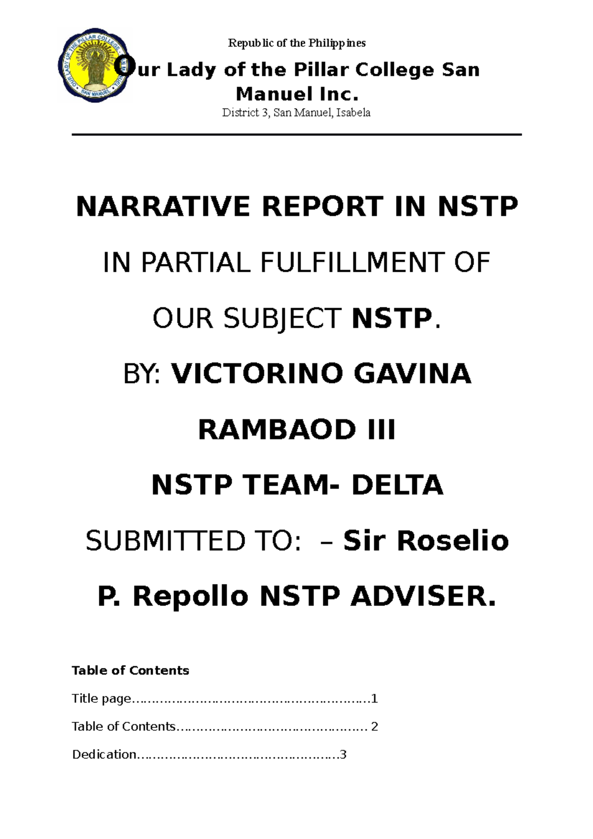 Narrative Report in Nstp12 - Our Lady of the Pillar College San Manuel ...
