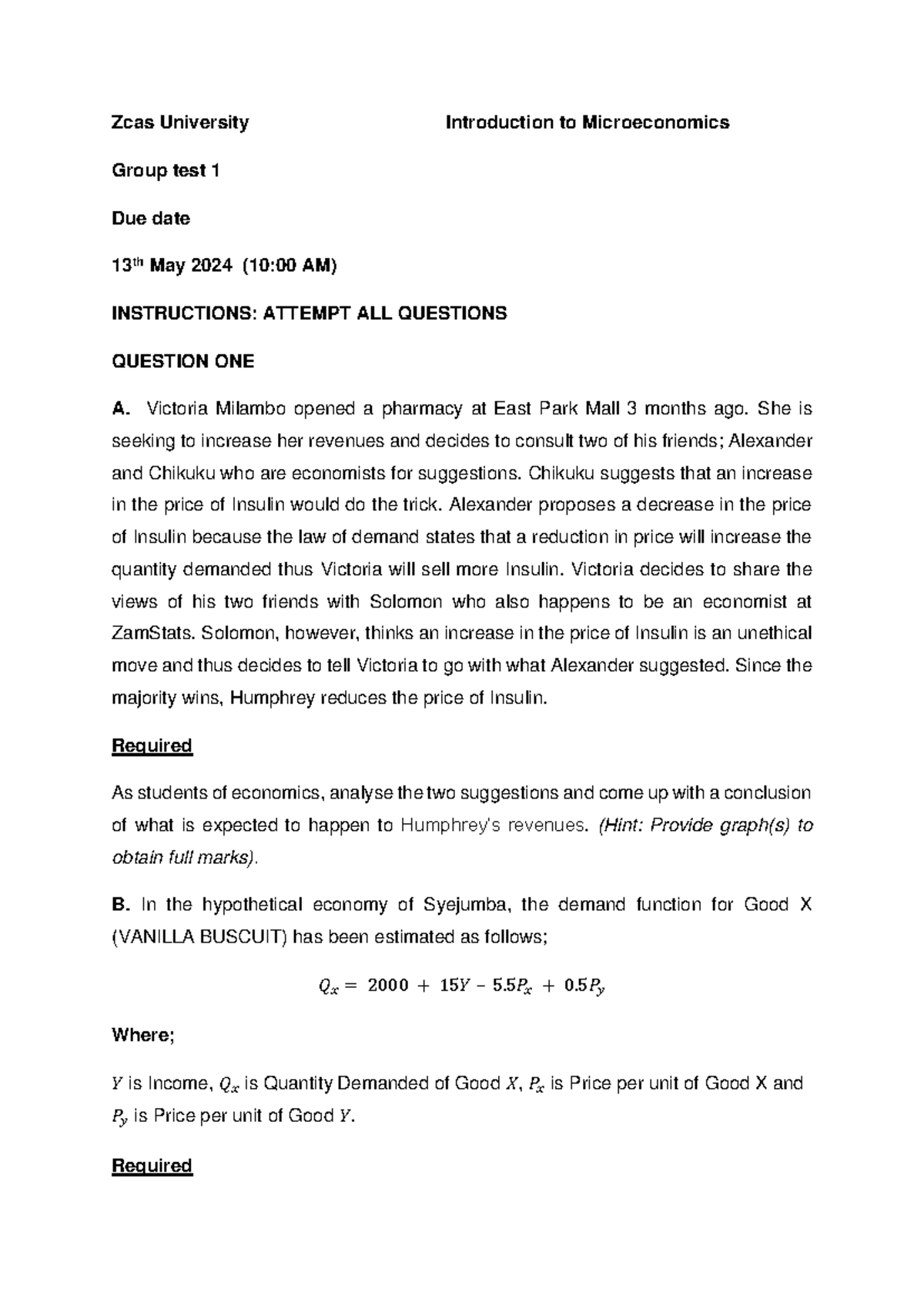 Micro Economics past paper - Zcas University Introduction to ...