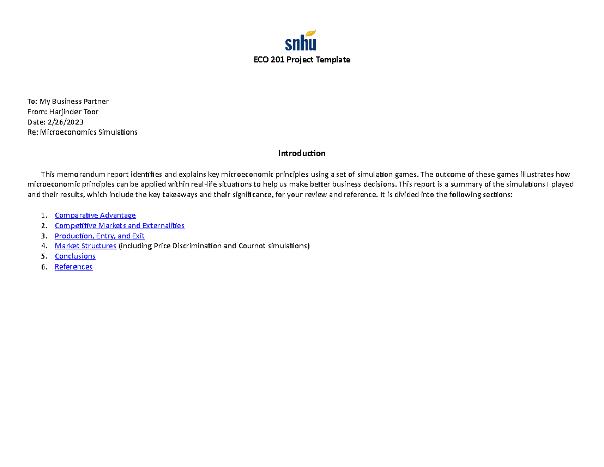 ECO 201 Project Template - ECO 201 Project Template To: My Business ...