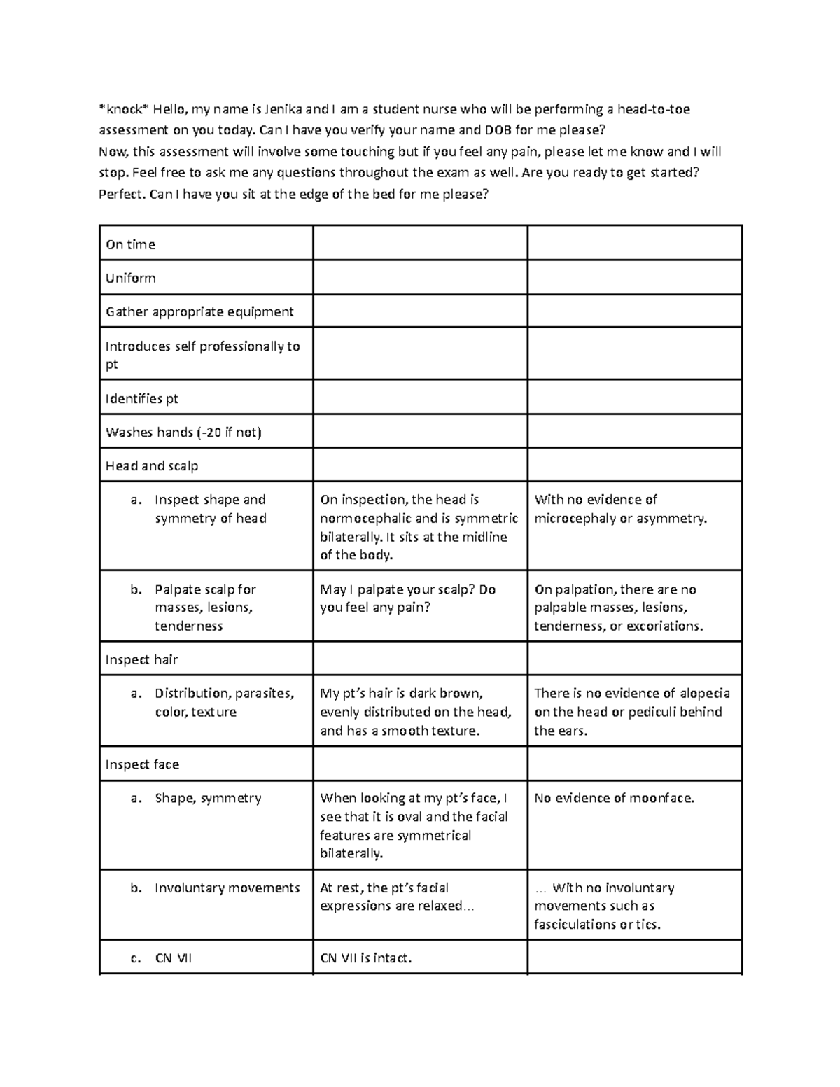 Head to toe assessment - head to toe script - knock Hello, my name is ...