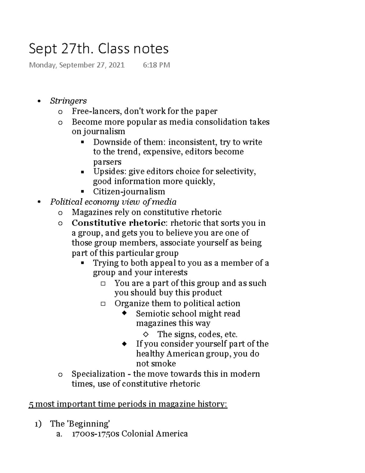 Sept 27th. Class notes - Stringers Free-lancers, don't work for the ...