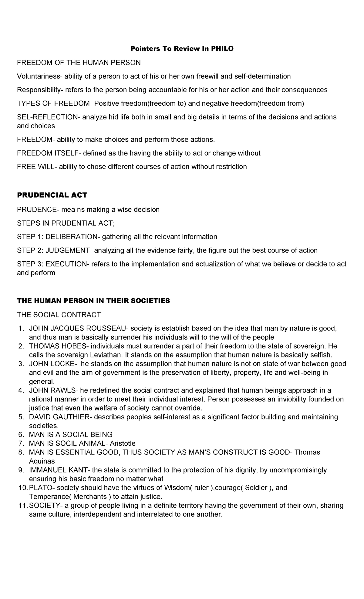 Philosophy - Pointers To Review In PHILO FREEDOM OF THE HUMAN PERSON Voluntariness- ability of a ...