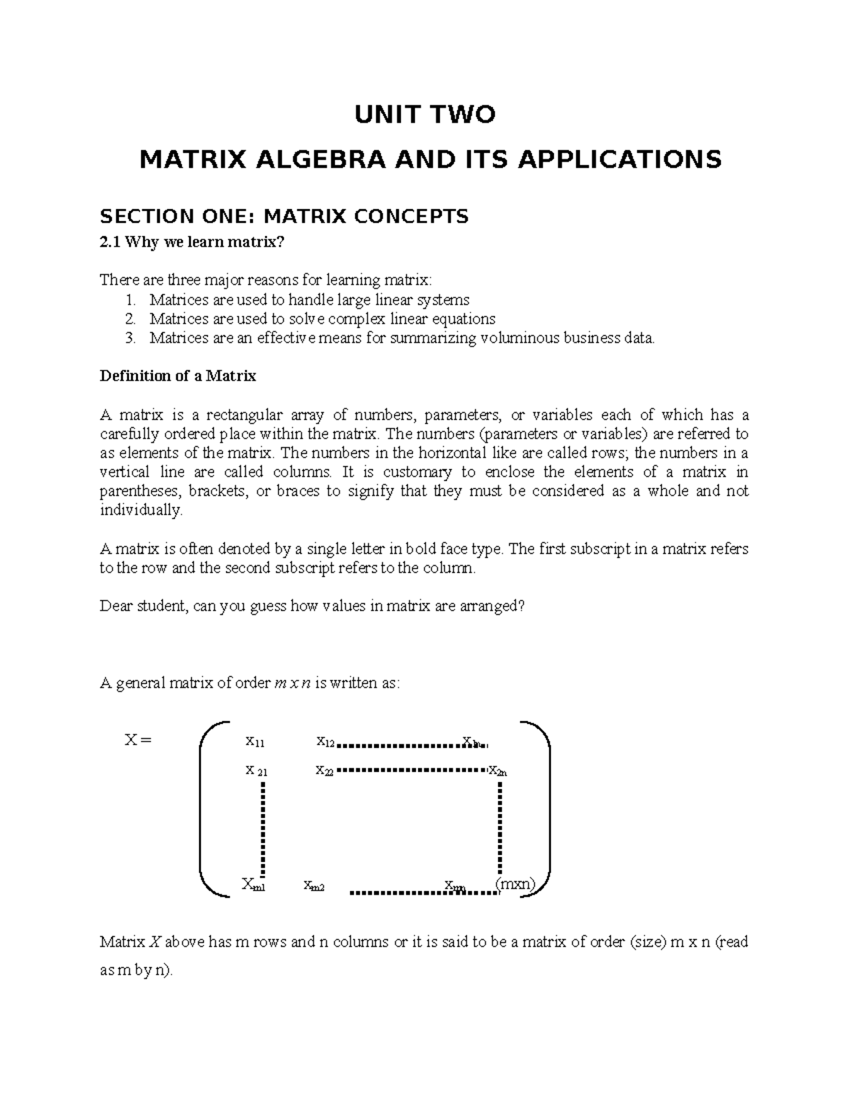 UNIT TWO - BUSINESS MATHEMATICS - UNIT TWO MATRIX ALGEBRA AND ITS ...