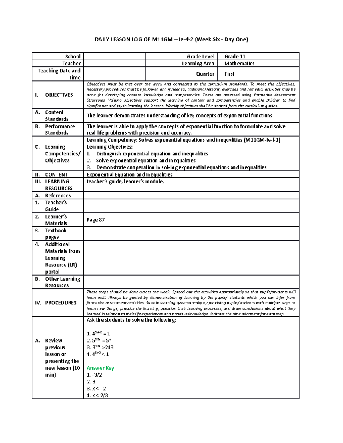GM-I-21 - LESSON PLAN - DAILY LESSON LOG OF M11GM – Ie–f-2 (Week Six ...