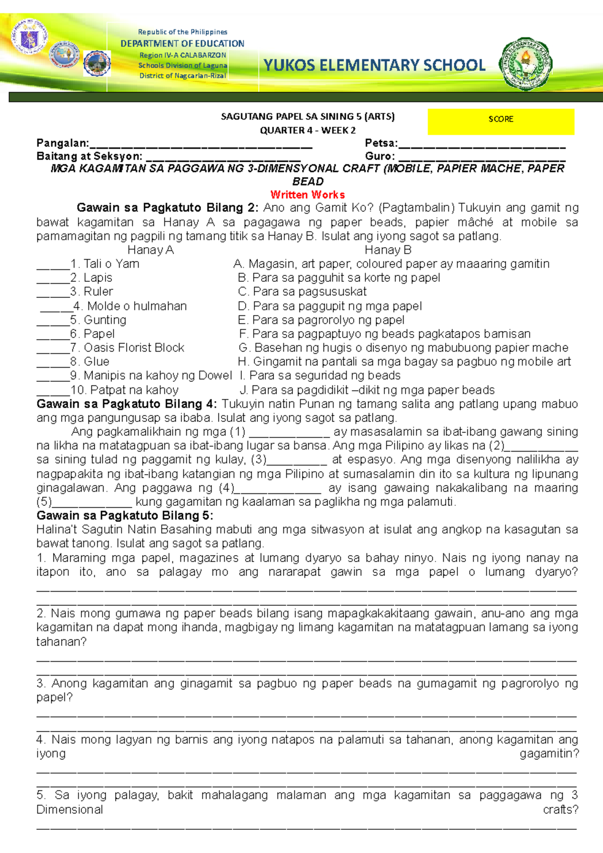 Answer Sheet IN ARTS Q4 W1 3 - SAGUTANG PAPEL SA SINING 5 (ARTS ...