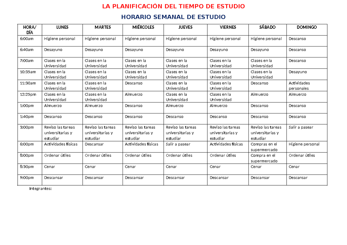 LA Planificación DEL Tiempo - LA PLANIFICACIÓN DEL TIEMPO DE ESTUDIO HORARIO SEMANAL DE ESTUDIO ...