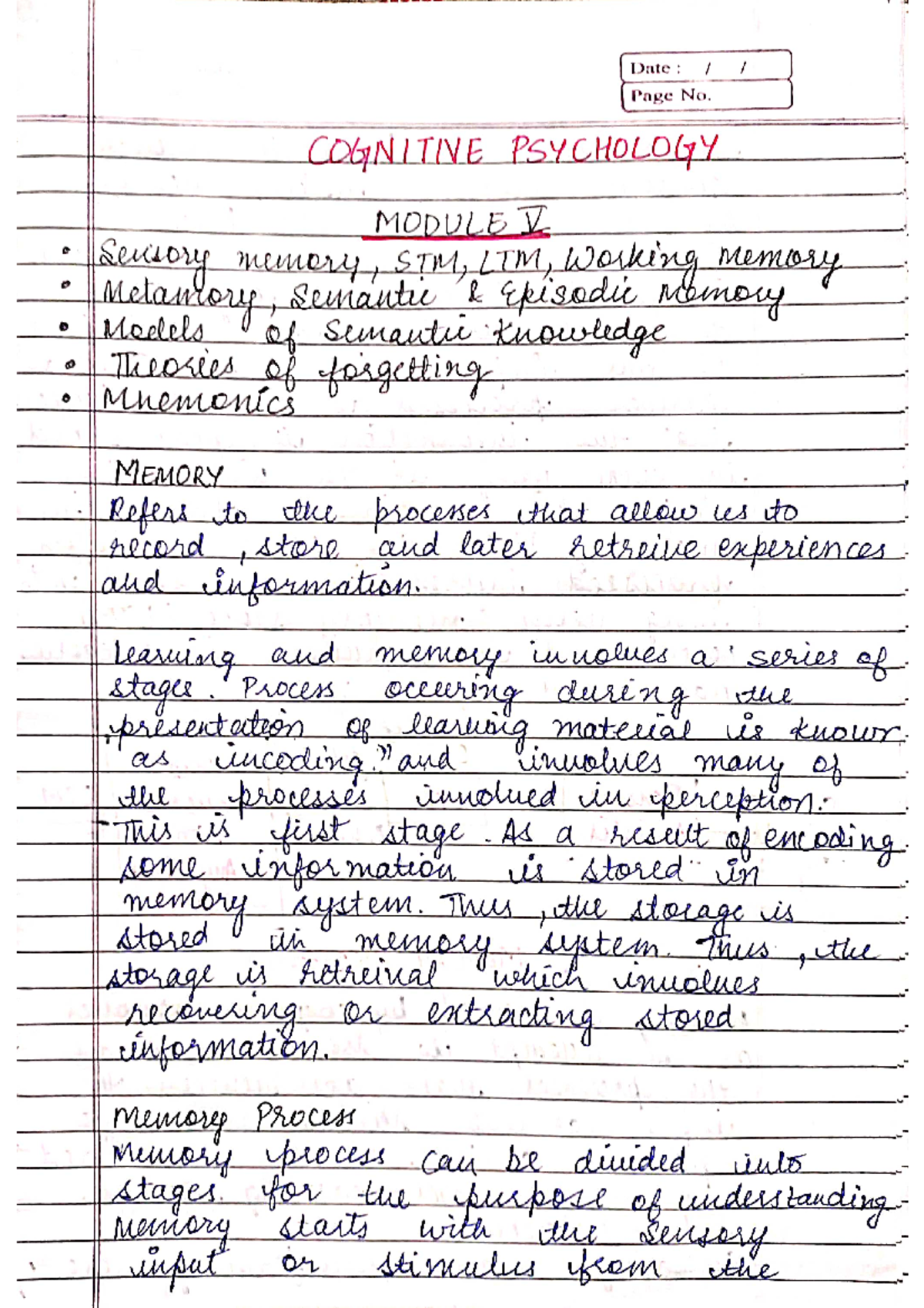 Mod 5 cognitive - Date : Page No. COGNITIVE PSYCHOLOGY MODULE V Sensory memory, STM, LTM ...