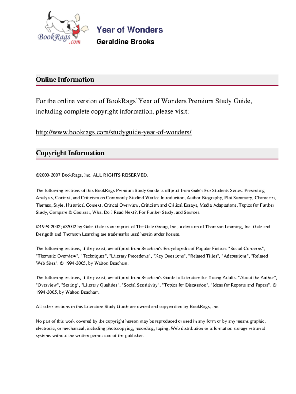 Year of wonders study guide - Year of Wonders Geraldine Brooks Online ...