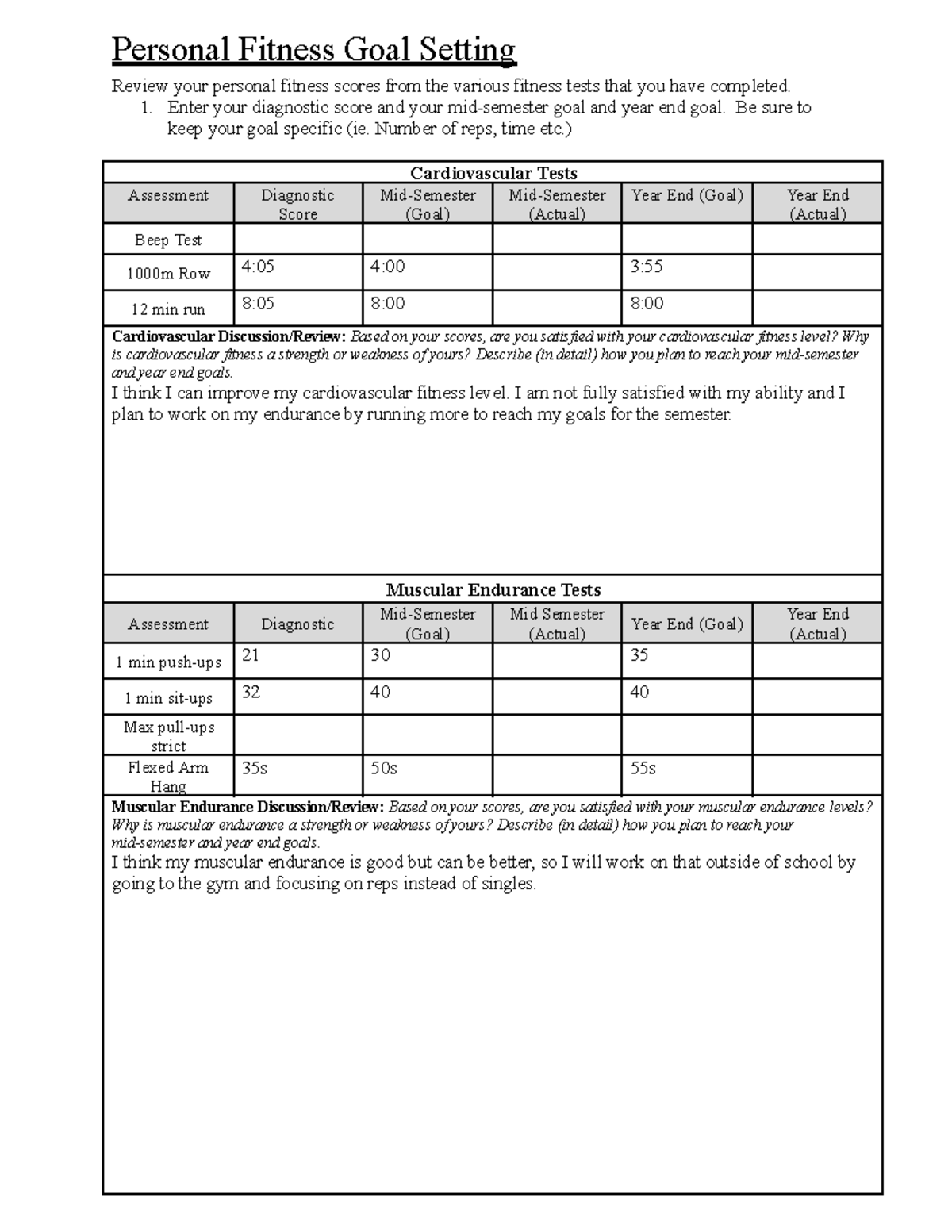 Copy of Personal Fitness Goal Setting - Personal Fitness Goal Setting ...