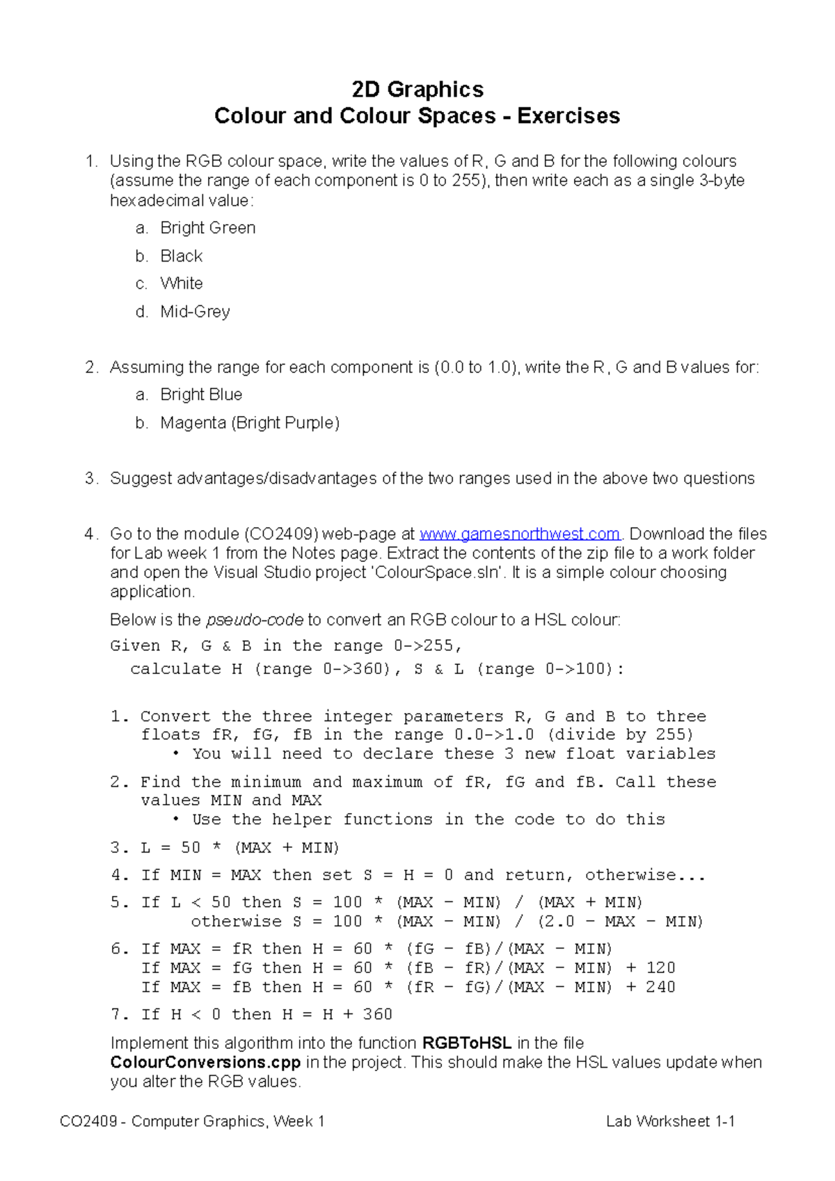 CO2409-1 Lab Worksheet - 2D Graphics Colour and Colour Spaces ...