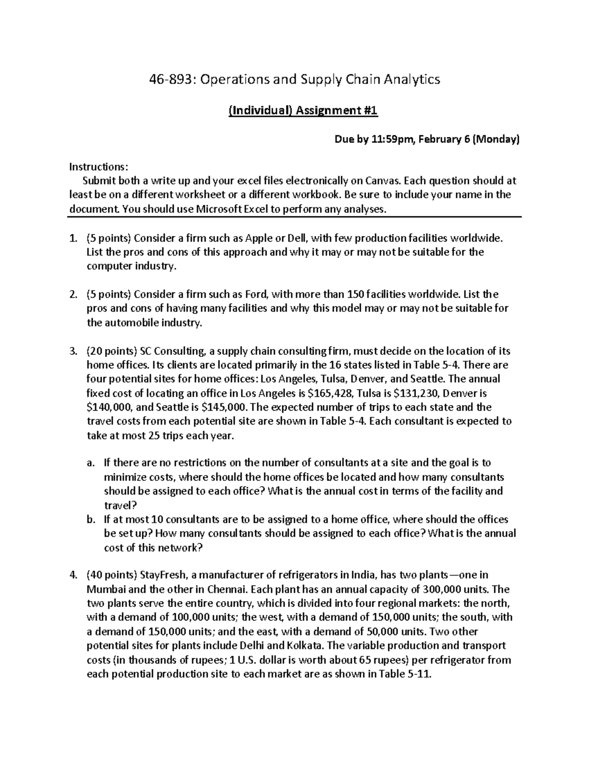 Assignment 1 - 46 - 893 : Operations and Supply Chain Analytics (Individual) Assignment Due by ...