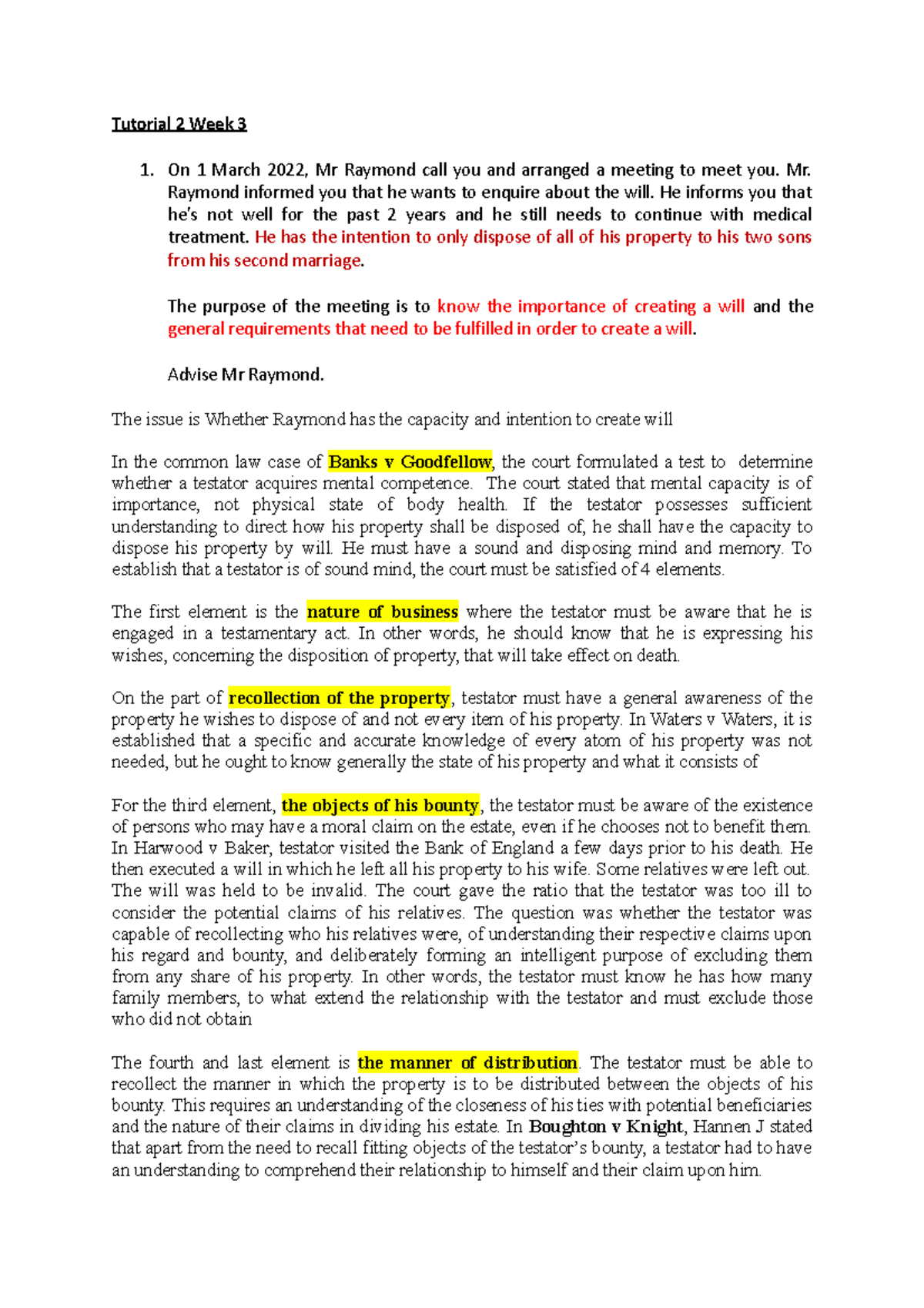 Tutorial 2 Week 3 - Goodluck !! - Tutorial 2 Week 3 1. On 1 March 2022, Mr Raymond call you and ...