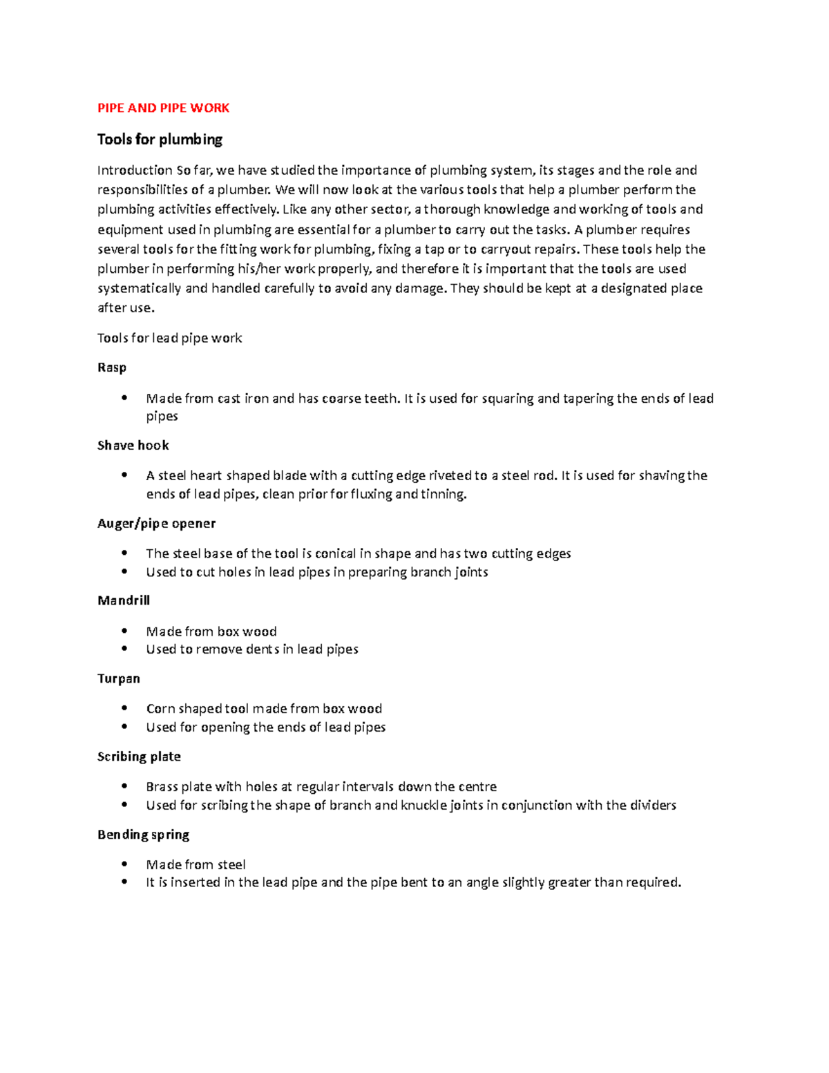 Tools for plumbing - notes - PIPE AND PIPE WORK Tools for plumbing ...