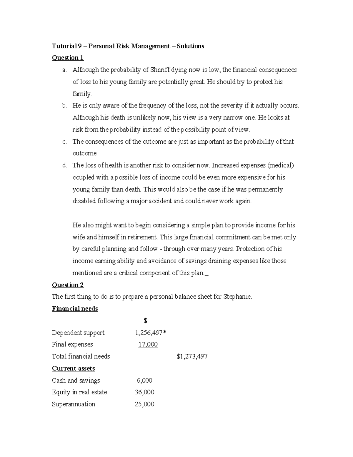 Tutorial 9 - Personal risk management 2 - Tutorial 9 – Personal Risk ...