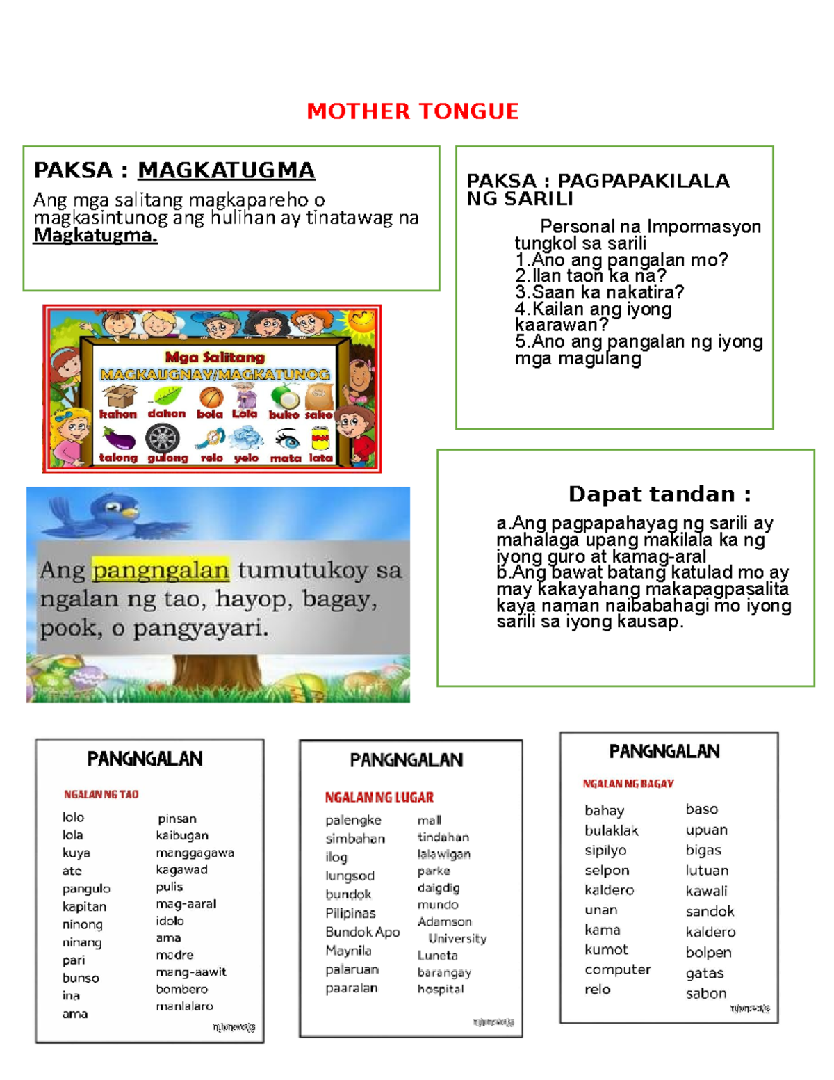 Topics AND Activities Printing - MOTHER TONGUE PAKSA : MAGKATUGMA Ang ...