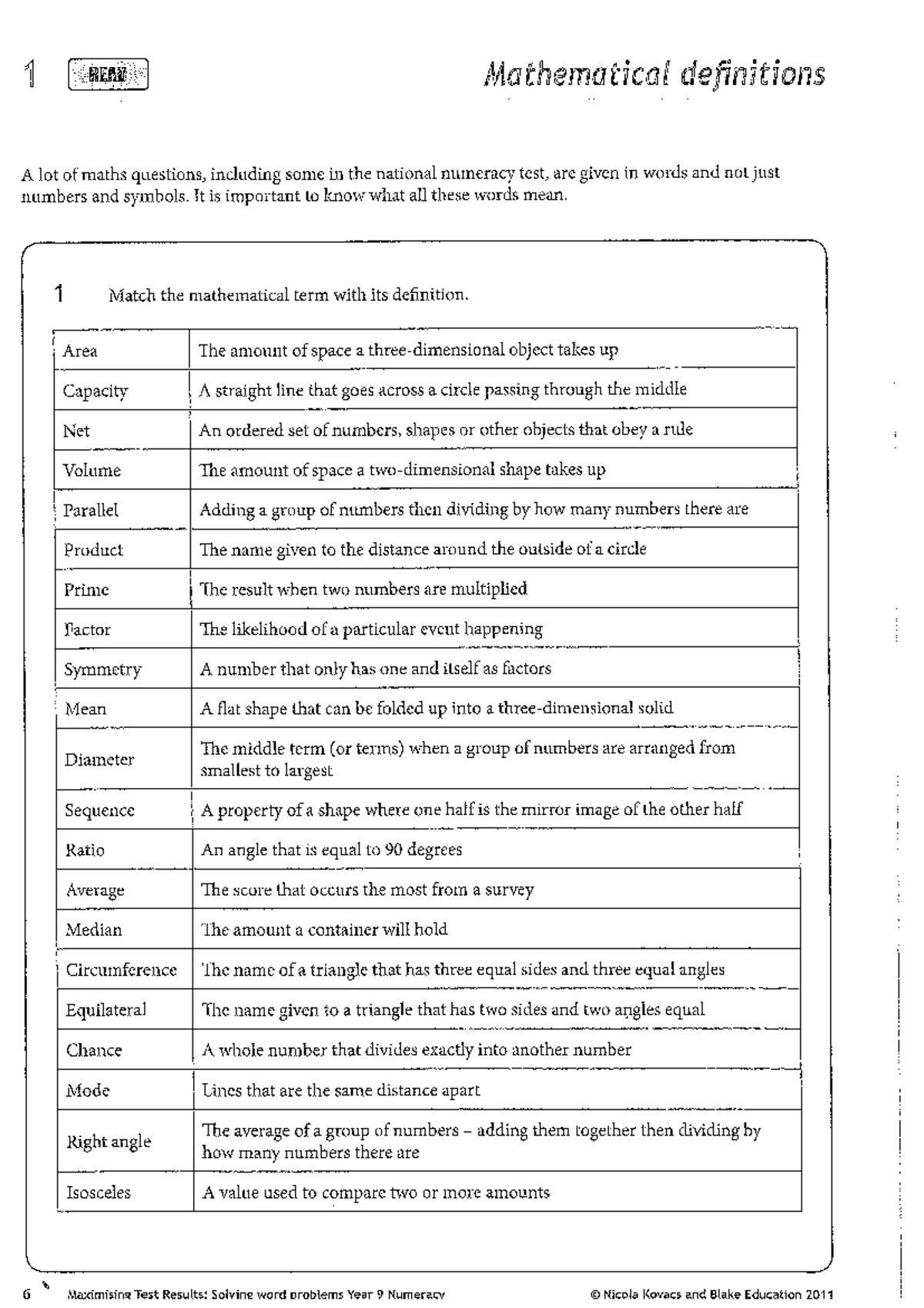 Numeracy 1 Definition - 1 READ Mathematical definitions A lot of maths ...