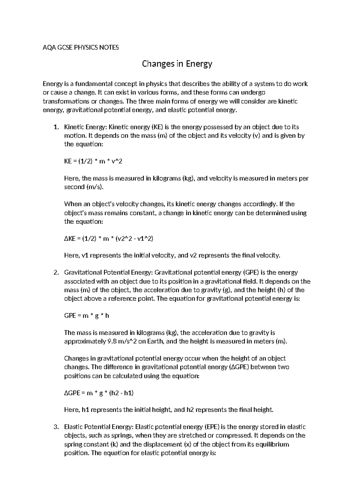 Changes in energy GCSE Physics AQA - AQA GCSE PHYSICS NOTES Changes in ...