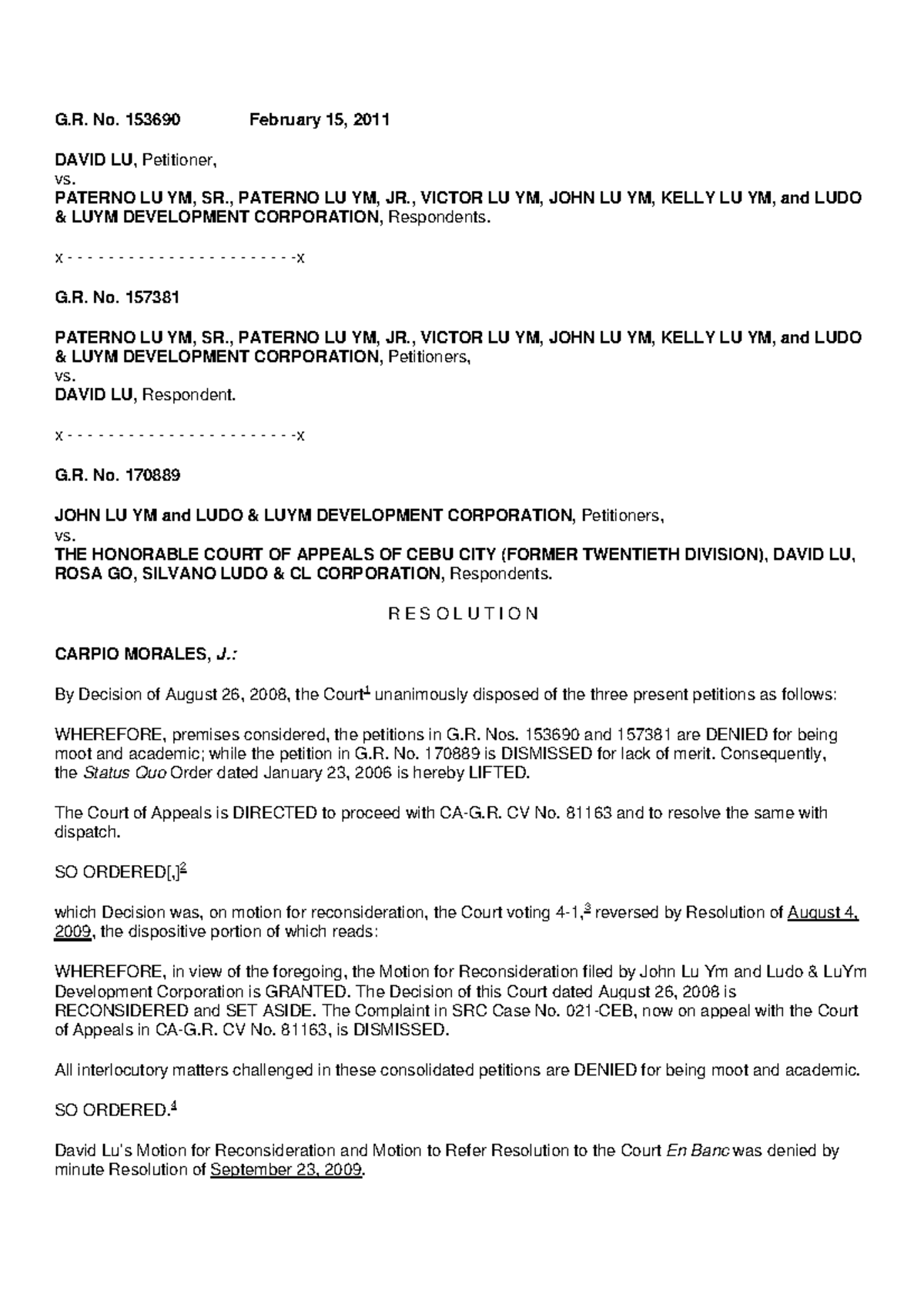 Lu v. Lu Ym Sr - Case Digest for Remedial Law - G. No. 153690 February 15, 2011 DAVID LU, - Studocu