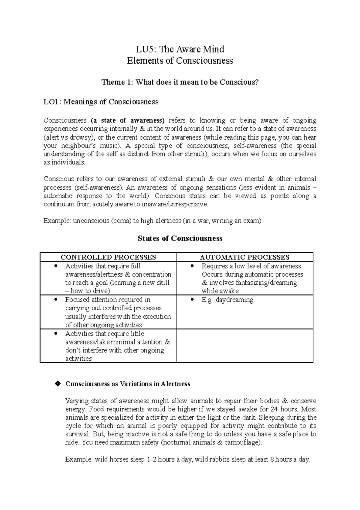 Learning Unit 5 - LU5: The Aware Mind Elements of Consciousness Theme 1 ...