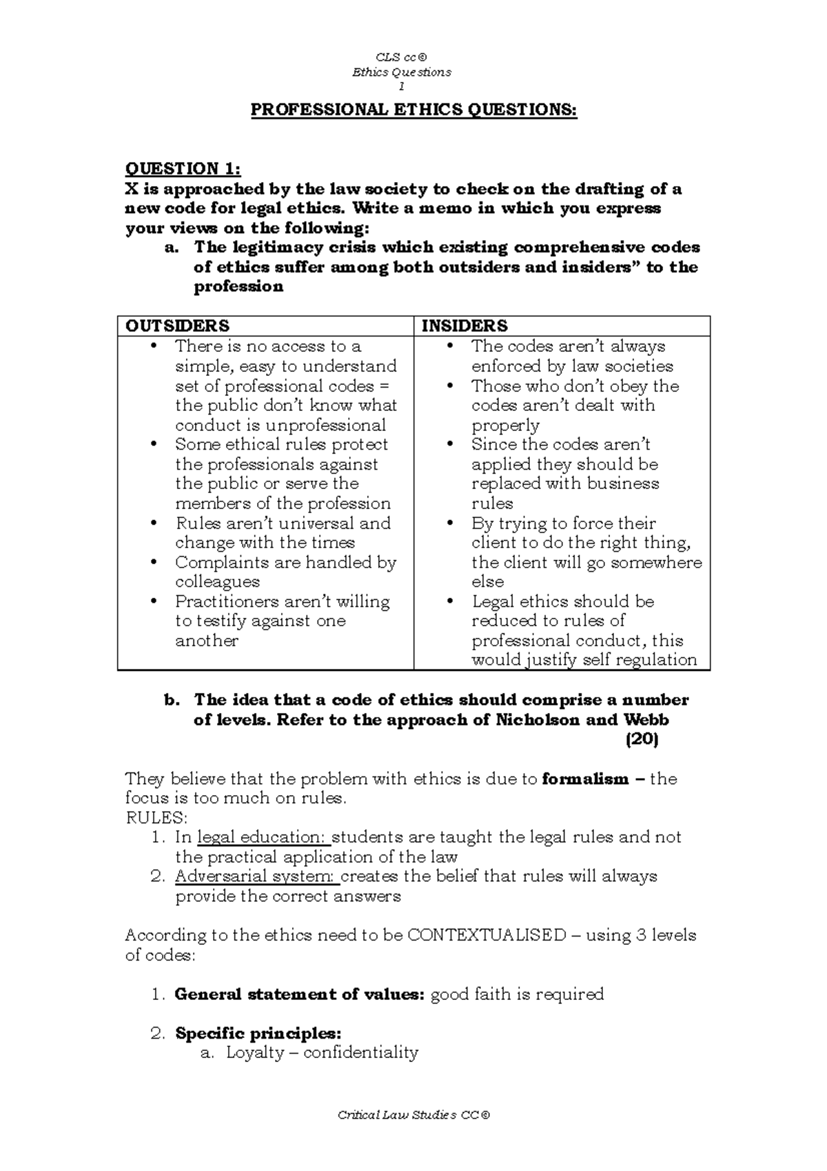 Ethics-5 Questions Final - Ethics Questions 1 PROFESSIONAL ETHICS ...