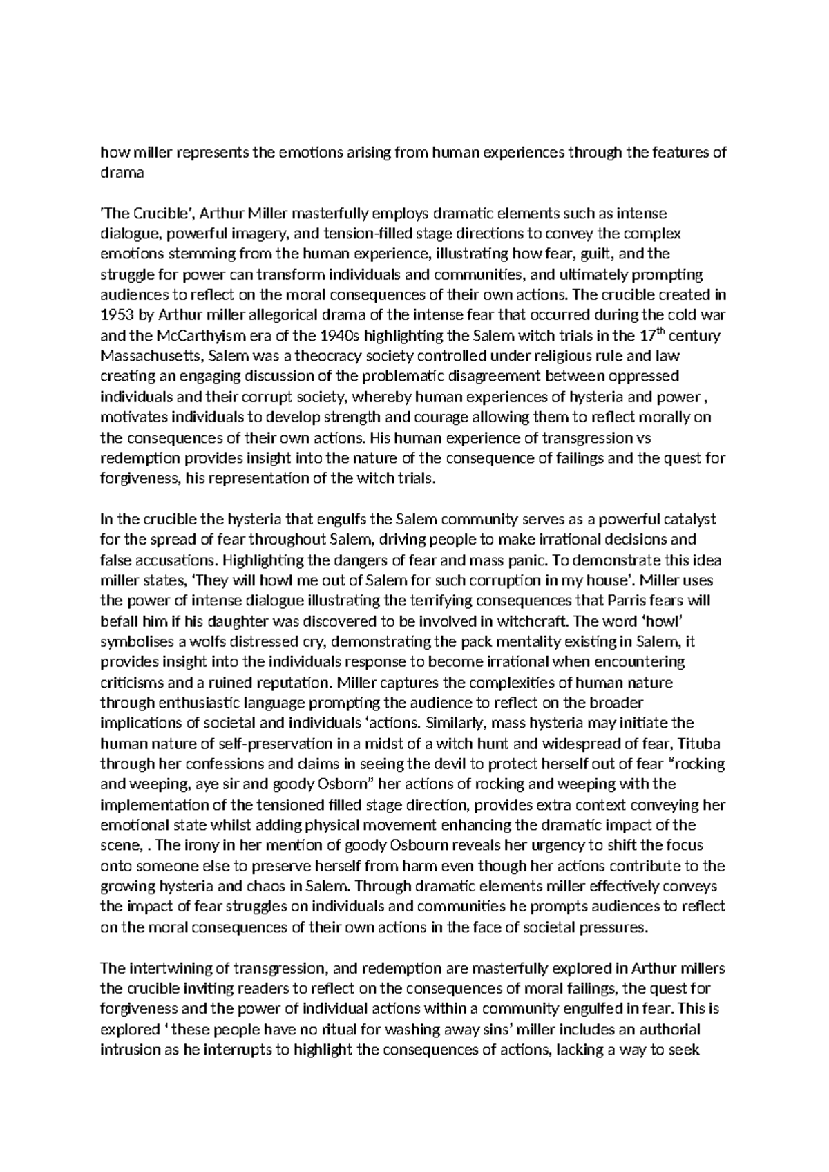 Crucible essay pt 2 - how miller represents the emotions arising from ...